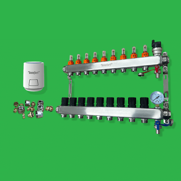 9 Port Underfloor Heating Manifold with Actuators